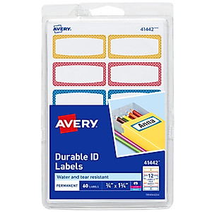 Avery(R) Durable Labels for Kids' Gear, 3/4" x 1-3/4", Assorted Border Colors, Water-Resistant Labels, 60 Rectangle Labels Total (41442)