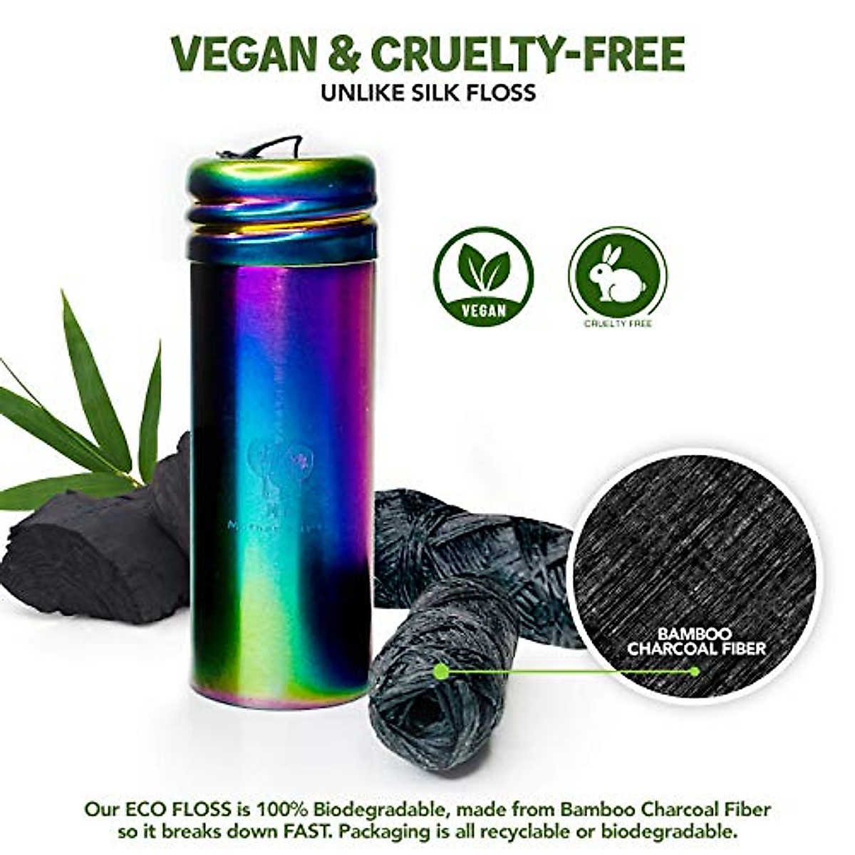 Vegan Biodegradable Bamboo Charcoal Dental Floss with Refillable Stainless Steel Rainbow Container | Extra Floss Refill | Natural Candelilla Wax | 33yds x2 | Peppermint | Eco Zero Waste Oral Care