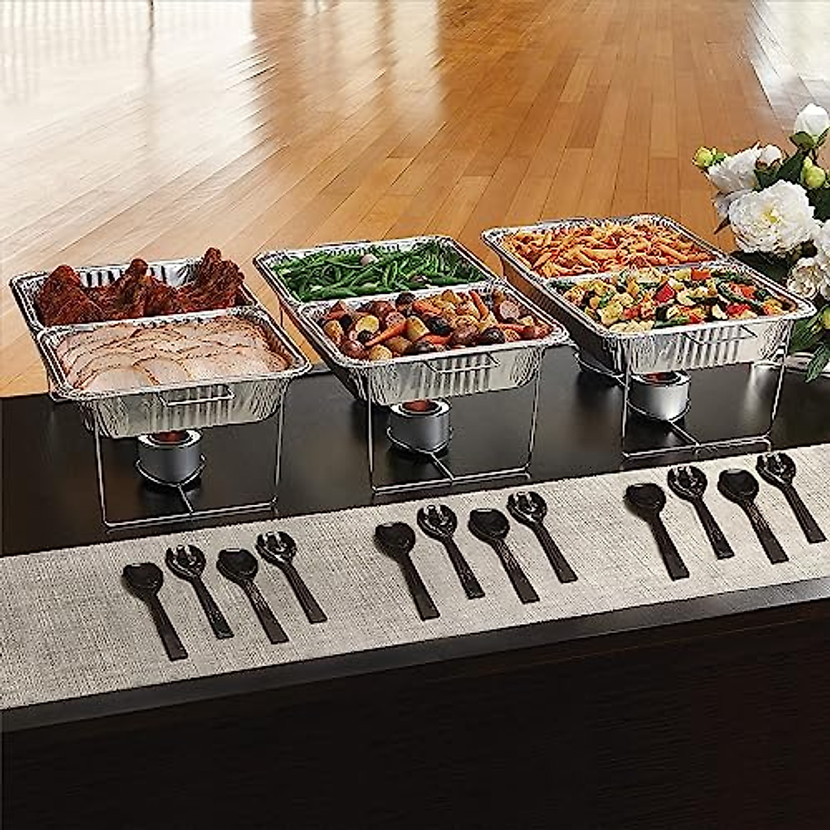 Disposable Chafing Dish Buffet Set, Food Warmers for Parties, 30 Pcs Buffet Servers and Warmers, Catering Supplies, Pans (9x13), Warming Trays for Food, with Covers, Utensils, Lids & Sterno Fuel Cans