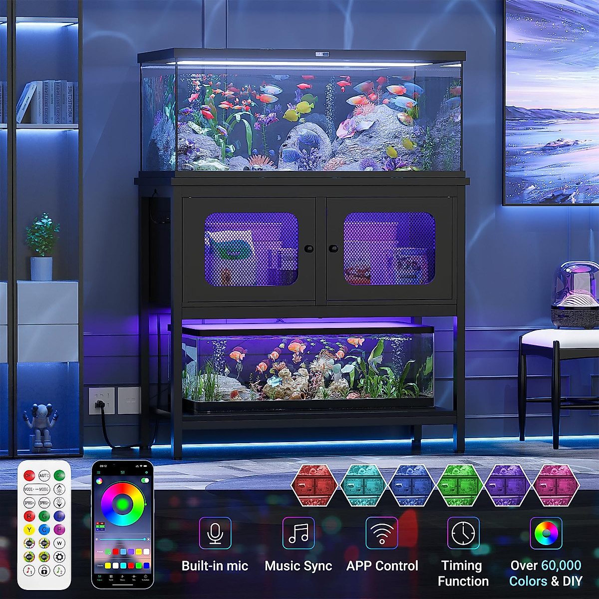 iSunirm 40 Gallon Fish Tank Stand with LED Light and Outlet, Metal Aquarium Stand with Cabinet and Accessories Storage, Reptile Tank Turtle Terrariums Table Stand Hold 880LBS and 2 Aquariums, Black