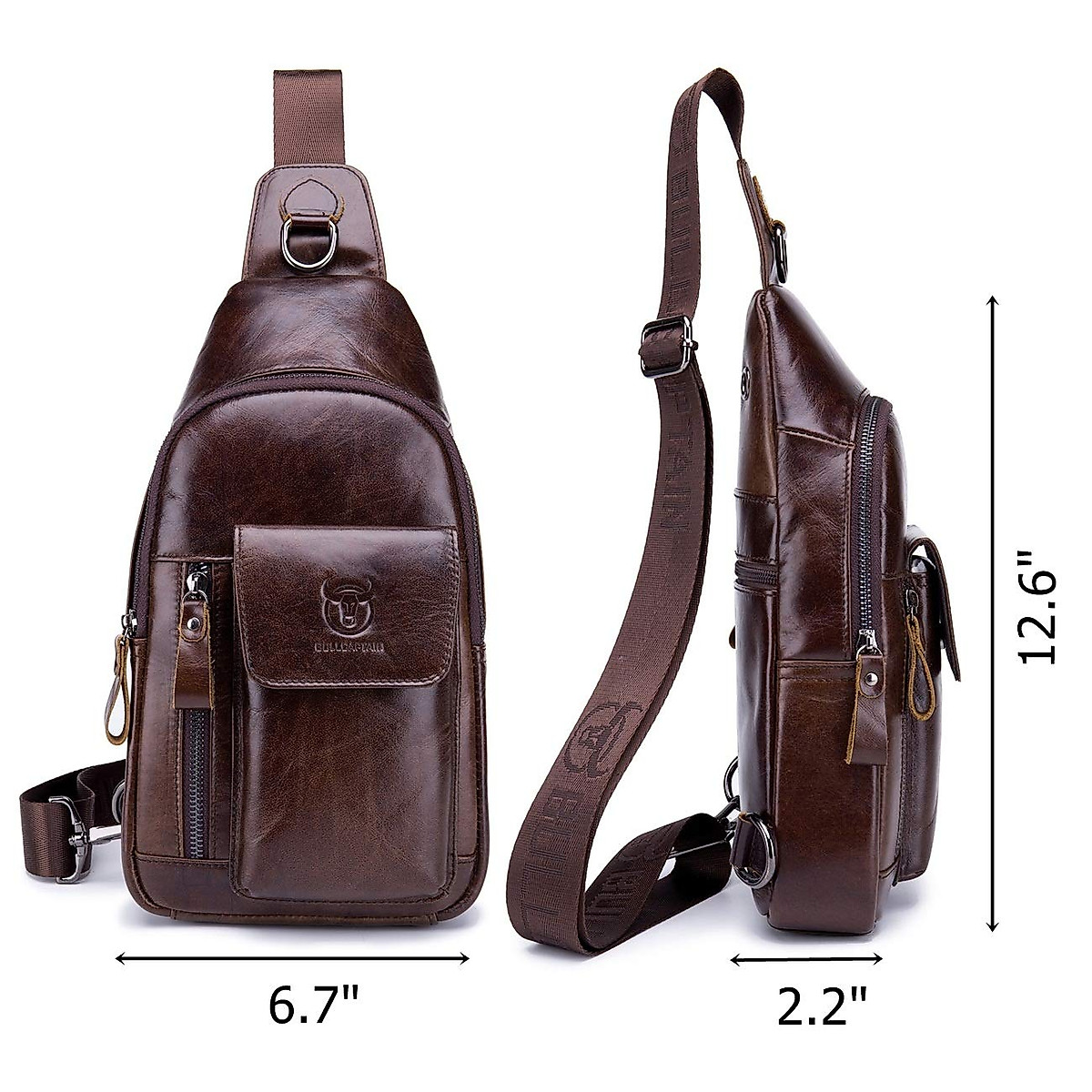 BULLCAPTAIN Genuine Leather Men Sling Bag Travel Crossbody Chest Bag Large Capacity Casual Hiking Daypack (Brown)