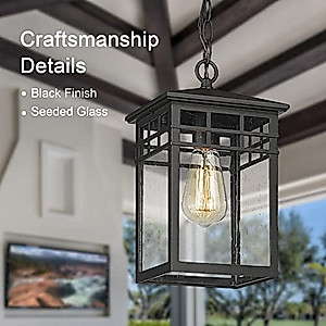 Diyel Outdoor Pendant Light Lanterns for Front Porch, Black Exterior Hanging Light Fixtures with Seeded Glass Shade for Patio, Entryway, Garage, Gazebo, RZ009-H BK