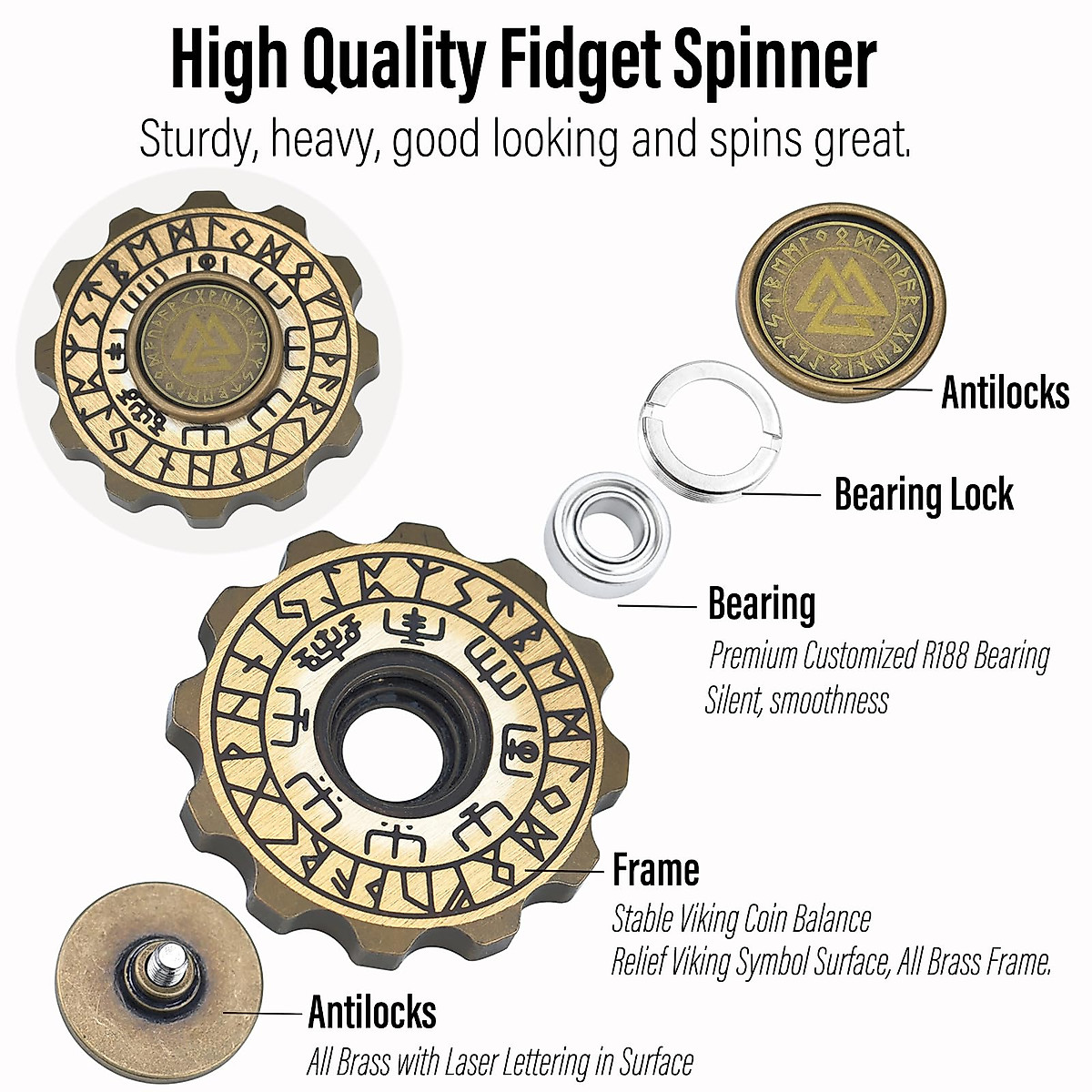 Freelove Viking Pirate & Gossip Design Fidgets Spinners, Copper Metal Spinner Fidget Toy Prime for Adults, Premium Bearing for 4~6 Mins, Autism Sensory ADHD Anxiety Stress Reduce Figet Spiner, Brass