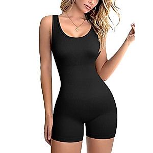 OQQ Women's Yoga Ribbed Round Neck Sleeveless Tank Top Exercise Romper, Black, Small