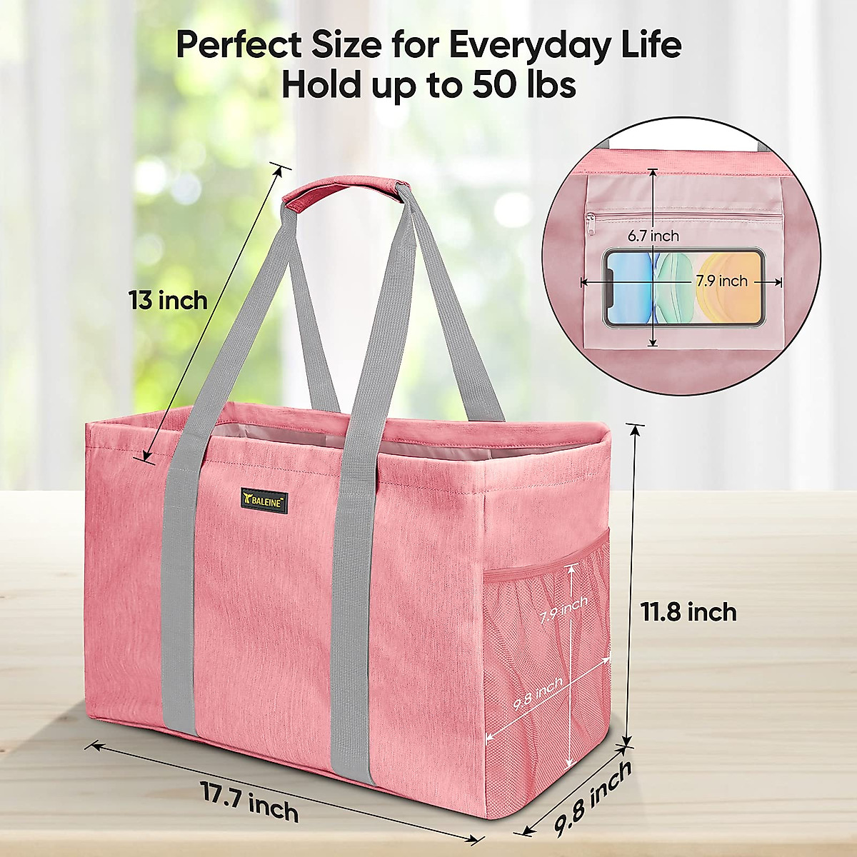 BALEINE Soft 9 Gallon Extra Large Utility Tote, Foldable Reusable Storage Bag (Peach Pink)