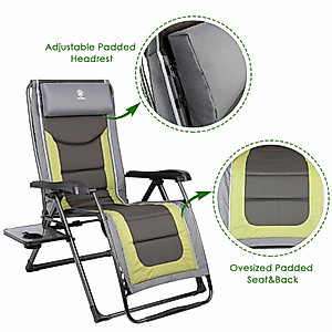 EVER ADVANCED Oversize XL Zero Gravity Outdoor Recliner with Cup Holder Padded Patio Lounger Chair with Adjustable Headrest Support 350lbs (Olive Green)