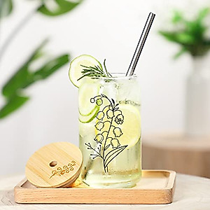 Nefelibata Lily of the Valley Iced Coffee Cup Birth Flower Beer Glass Can 16OZ Glass Drinking Cup with Bamboo Lid Metal Straw Cleaning Brush May Birth Flower Floral Decor Birthday Gift for Mom