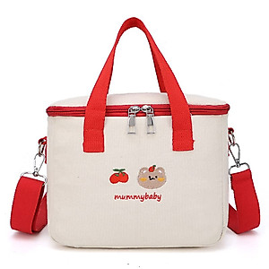 Kawaii Lunch Bag Cute Embroidery Lunch Box Reusable Thermal Cooler Lunch Tote Bag for Back to School Supplies (Red)