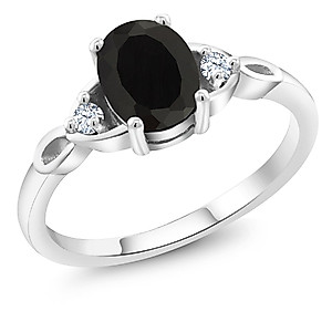 Gem Stone King 925 Sterling Silver Black Onyx 3 Stone Ring For Women | 1.31 Cttw | Gemstone December Birthstone | Oval 8X6MM | Available In Size 5, 6, 7, 8, 9
