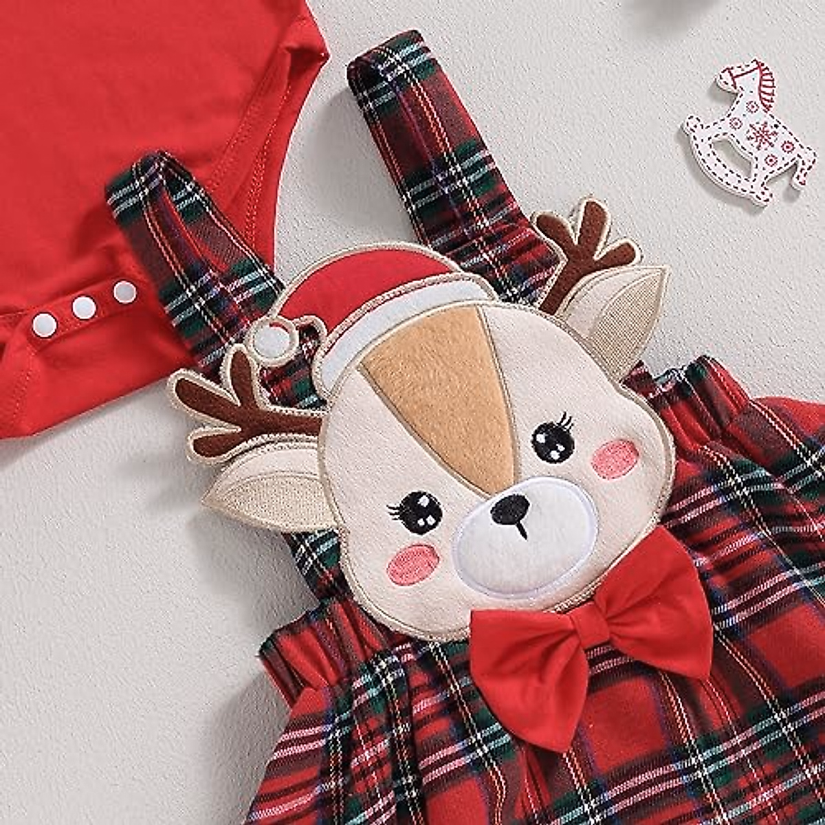 mlpeerw Newborn Baby Girl Christmas Outfit Infant Xmas Dress Clothes Ruffled Long Sleeve Romper Plaid Skirt Headband 3pcs (Red, 9-12 Months)