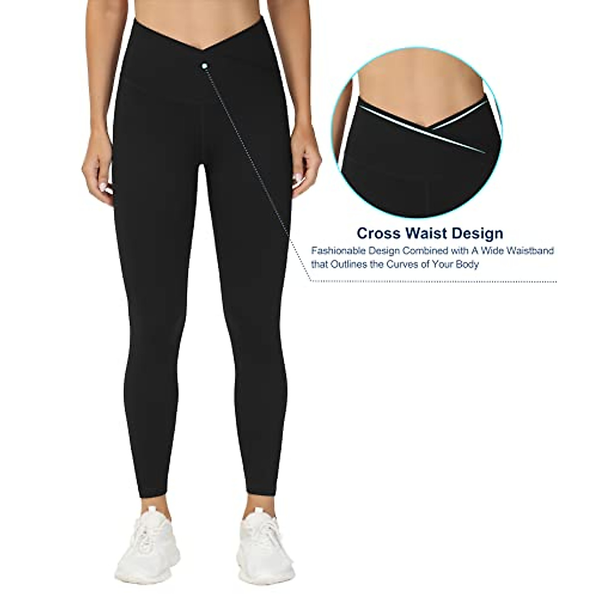 Women's V Cross Waist Yoga Leggings High Waisted Tummy Control Workout Running Pants Black