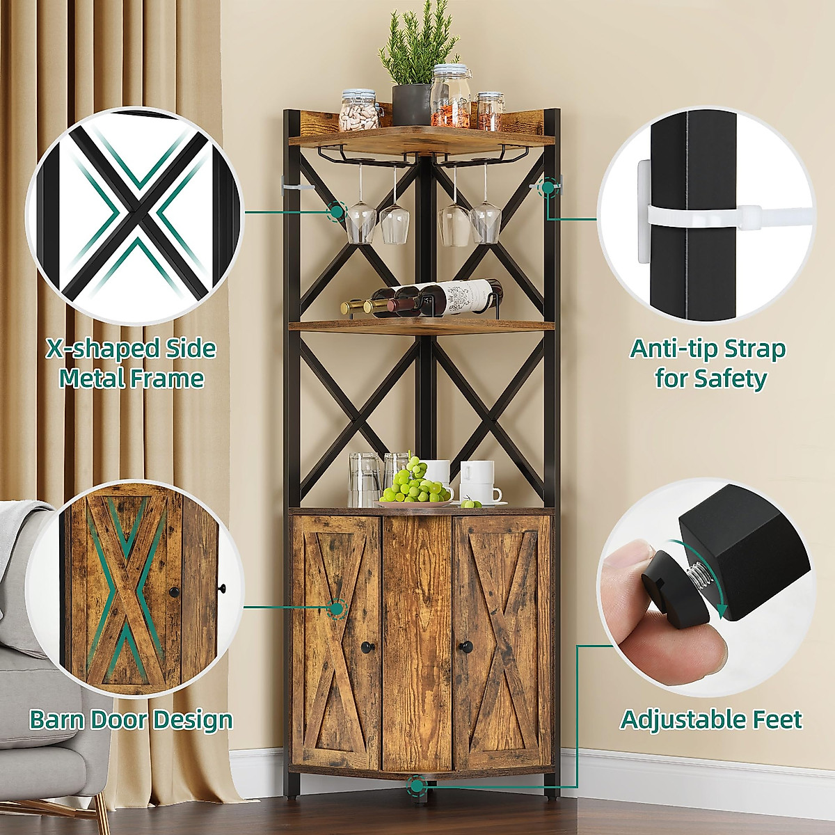 YITAHOME Corner Bar Cabinet with Glass & Wine Holder, Industrial Corner Shelf with Wine Storage, 5-Tiers Liquor Cabinet Bar for Home/Living Room/Kitchen, Rustic Brown