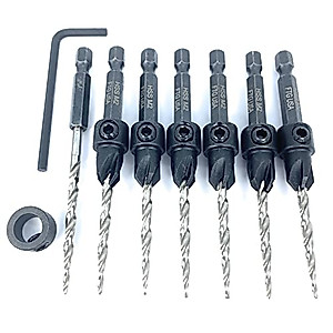FTG USA Countersink Drill Bit Set 6 Pc #6(9/64") Wood Countersink Drill Bit, Pro Pack Countersink Bit, 1 Extra Tapered Drill Bit, 1 Stop Collar, 1 Hex Wrench and 3 Replacement Tapered Bits 9/64"
