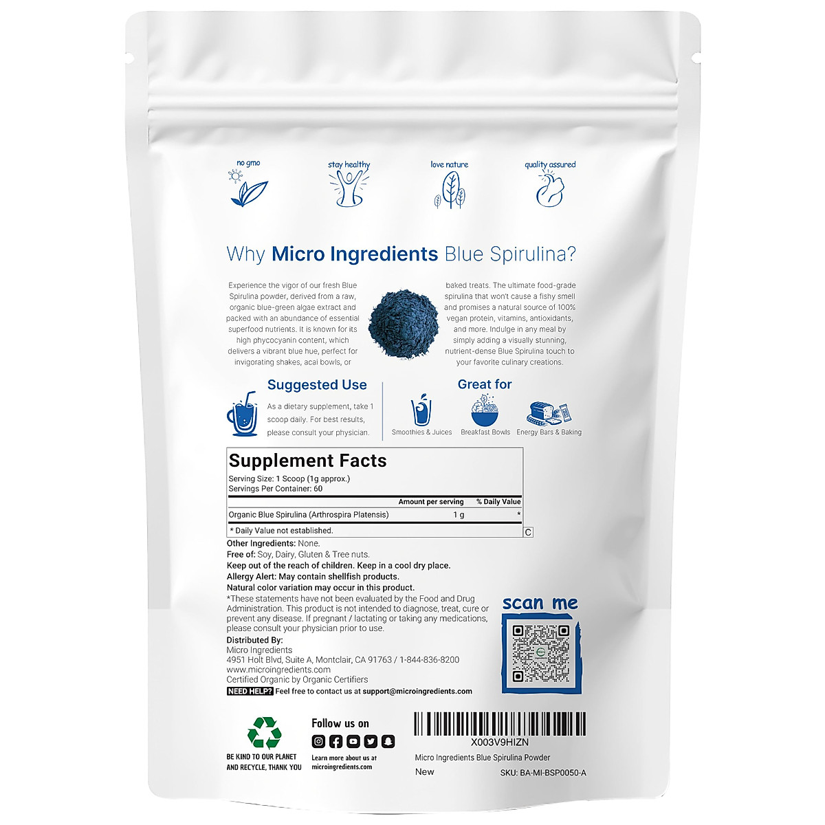 Organic Blue Spirulina Powder (Phycocyanin Extract), 60 Servings - No Fishy Smell, 100% Vegan Protein from Blue-Green Algae, Natural Luminous Food Coloring for Smoothies, Baking, Drinks & Cooking