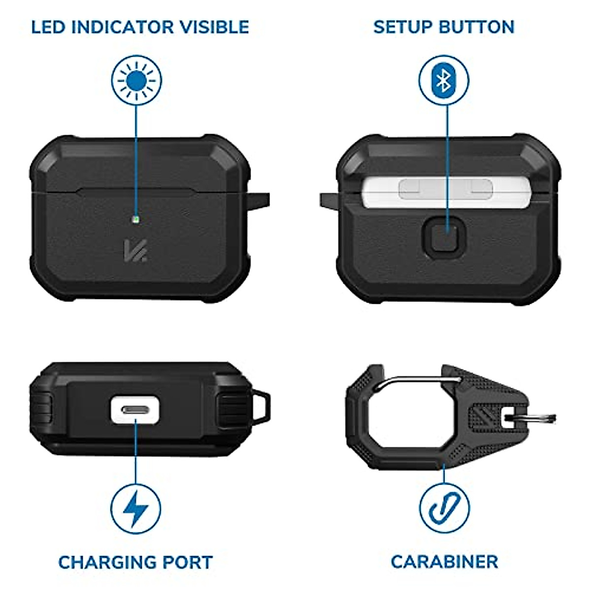 KMMIN Compatible for AirPods Pro Case Cover, Full-Body Rugged Hard Shell Protective Shockproof Case Cover with Carabiner for Apple AirPod Pro Support Wireless Charging[Front LED Visible], Black