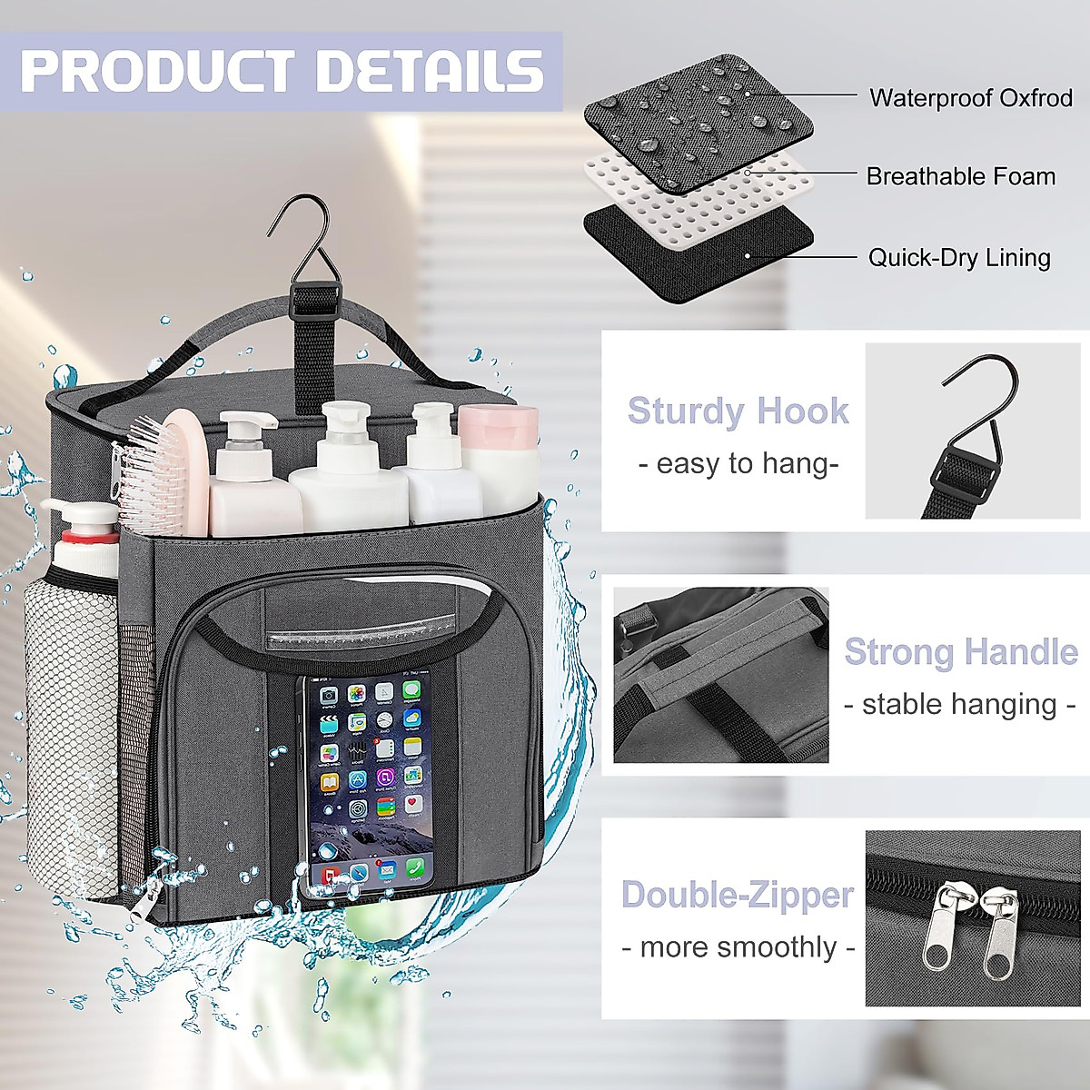 Attmu Large Capacity Portable Shower Caddy Dorm for College Essentials, Separate Compartment Hanging Toiletry Bag for College Student Camping Gym Travel Essentials (Gray)