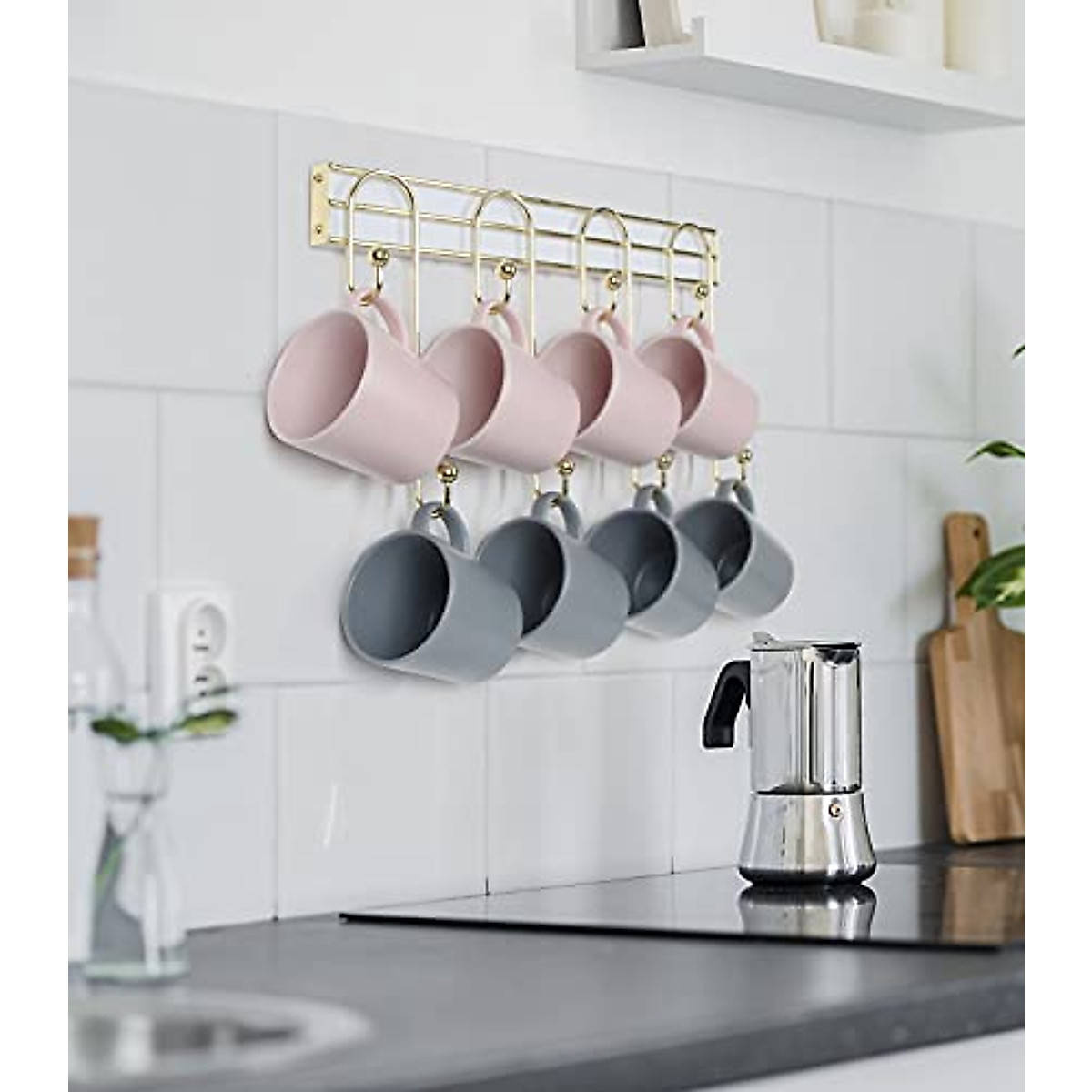 J JACKCUBE DESIGN Wall Mounted Coffee Mug Cup Holder Gold Metal Rack for Home, Kitchen Tea Cup Display Storage Organizer with 8 Hooks - MK738A