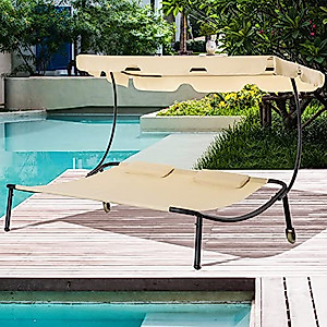 Outsunny Patio Double Chaise Lounge Chair, Outdoor Wheeled Hammock Daybed with Adjustable Canopy and Pillow for Sun Room, Garden, or Poolside, Beige