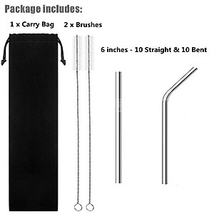 20 Pack Reusable Stainless Straws, 6-inch Short Drinking Straw Stainless Steel, Portable Straw for Cocktails Travel Kid, Metal Cocktails Straw With Cleaning Brush and Carry Bag
