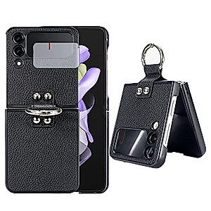 Vitodo for Galaxy Z Flip 4 Case with Ring Holder, Genuine Leather Material Built-in Back Screen Protector Shockproof Protective Phone Cover Slim fit for Samsung Galaxy Z Flip4 5g (2022) - Black