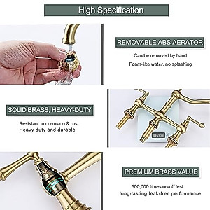 WOWOW Brass Kitchen Faucet Bridge with Side Sprayer, 4 Hole Kitchen Faucet 2 Handle 8 Inch Centerset Gold Faucet for Kitchen Sinks, Heritage Brushed Gold Kitchen Sink Faucet