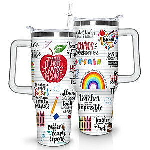 qoepfnsh Teacher Tumbler 40 oz Tumbler with Handle Teacher Travel Coffee Mug Cup Water Bottle Stainless Steel Insulated 40oz Tumblers with Lid and Straw Teacher Gifts for Women