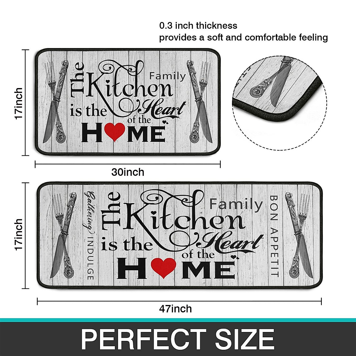 Sunopas Farmhouse Kitchen Rug 2 Pieces Set, Washable Non-Slip Kitchen Sink Rustic Decor Carpet, Home Water Absorb Microfiber Cushioned Kitchen Floor Standing Mats 17"x47"+17"x30"