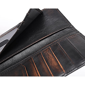 DK86 Deer Long Wallet For Men Full Grain Leather with Hand Burnished Rfid Blocking Rodeo Wallet Bifold Wallet Deer Wallet, Black and Orange