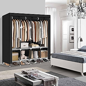 LOKEME Portable Closet，19mm Diameter Portable Closets for Hanging Clothes，Black Closet with 4 Hanging Rods and 8 Storage Shelves，Non-Woven Fabric，Easy to Assembly，67.9x18.4x70.8 Inches