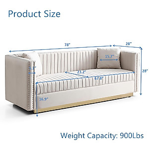 Homtique Velvet Couch, Modern Vertical Channel Tufted Comfy Sofa Couch with Nailhead Trim Square Arms and 2 Pillows, 3 Seater Couchs for Living Room, Apartment(Beige)