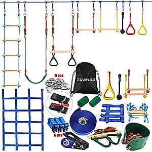 TUAHOO 600lbs Ninja Obstacle Course for Kids Backyard - Ninja Training Obstacles 50' Slackline Kits - Outside Line Ninja Kids Playset with Swings, Monkey Bars, Gym Rings, Rope Ladder, Climbing Net