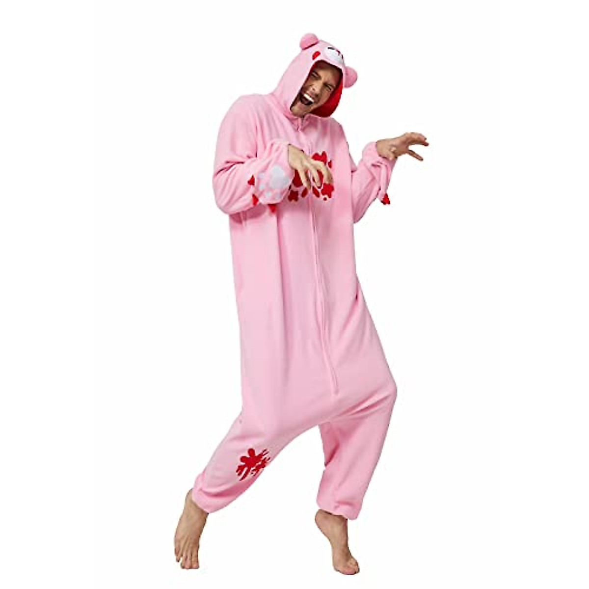 Kigrucme Unisex Adult Cartoon Onesie Pajamasr One Piece pink Bear Animal Costume Halloween Cosplay Homewear Anime Costume(pink,l)