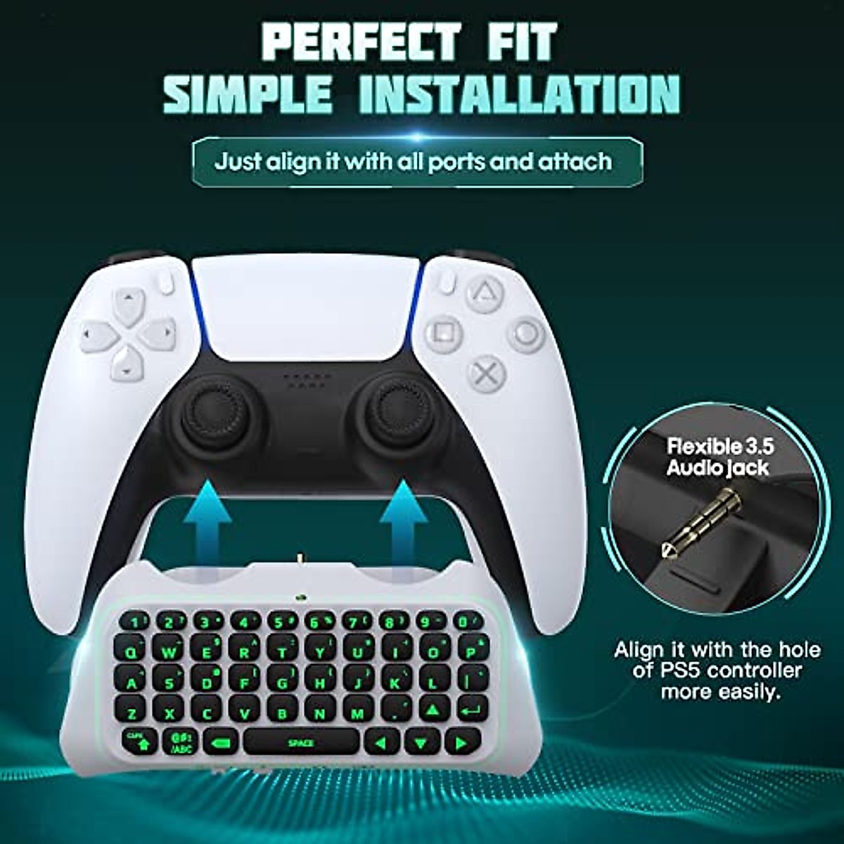 TiMOVO PS5 Controller Keyboard with Green Backlight, Wireless Bluetooth Keypad Chatpad for Playstation 5 Controller, Mini Game Keyboard Built-in Speaker with 3.5mm Audio Jack for PS5 Accessories,White