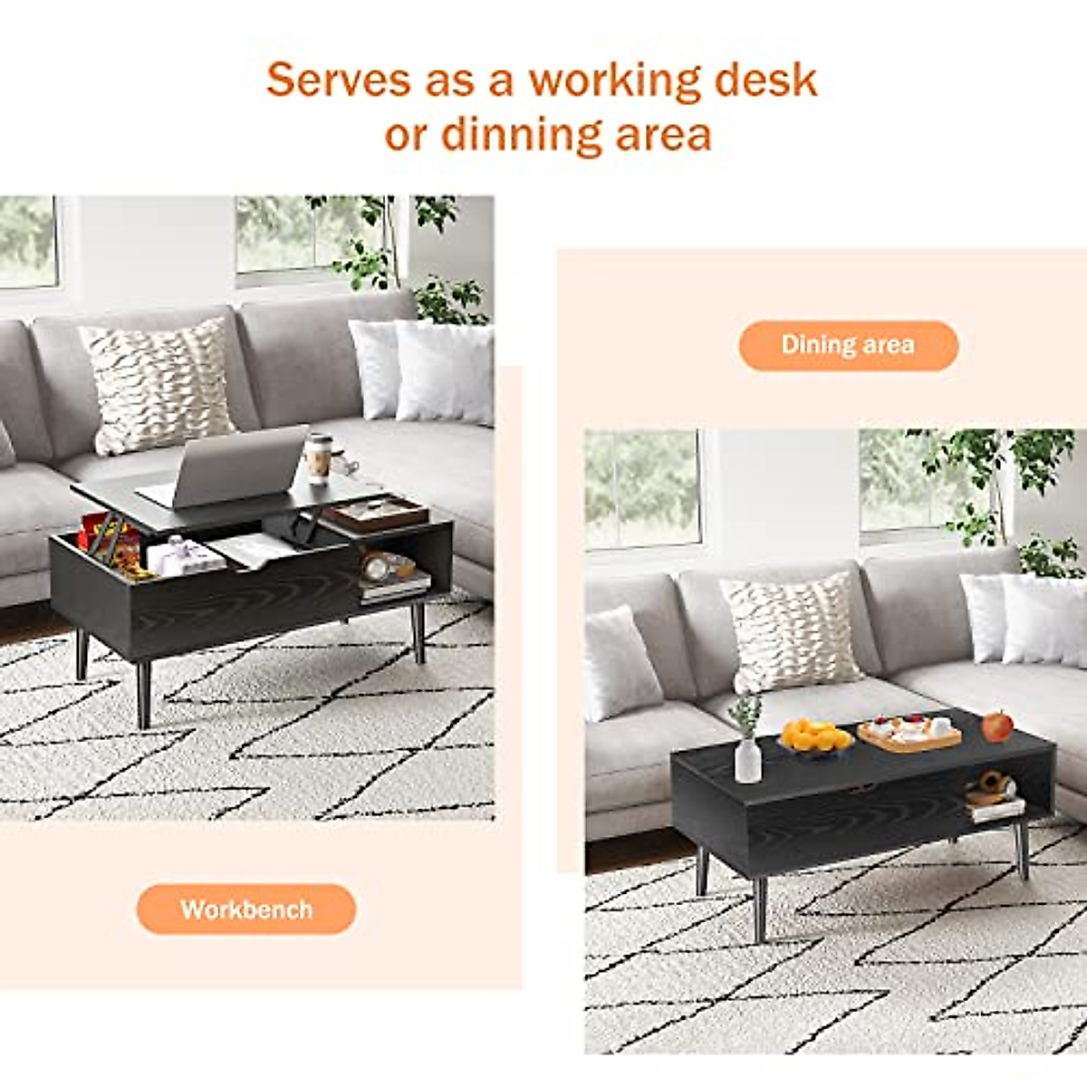 Sweetcrispy Coffee Table, Lift Top Coffee Tables for Living Room,Rising Tabletop Wood Dining Center Tables with Storage Shelf and Hidden Compartment (Black)