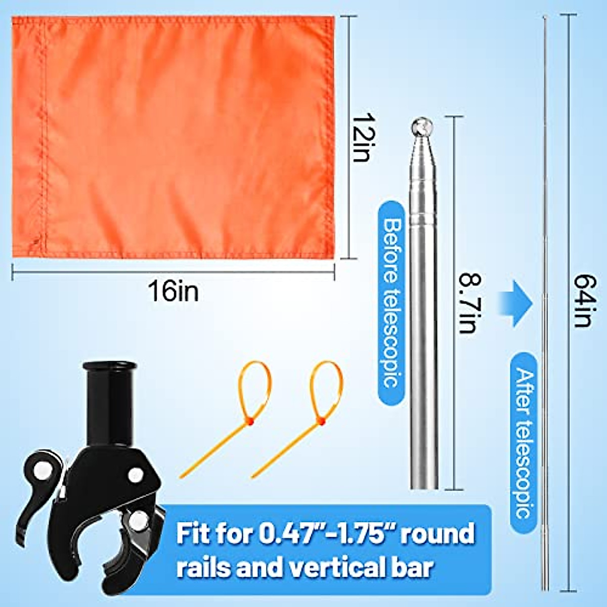 Orange Boat Flag- 64 Inch Adjustable Boat Safety Flag Water Ski Flag with Stable Holder & Flag Pole Durable Boating Safety Flag Skier Down Flag for Swimmers Surfer Safety Equipment