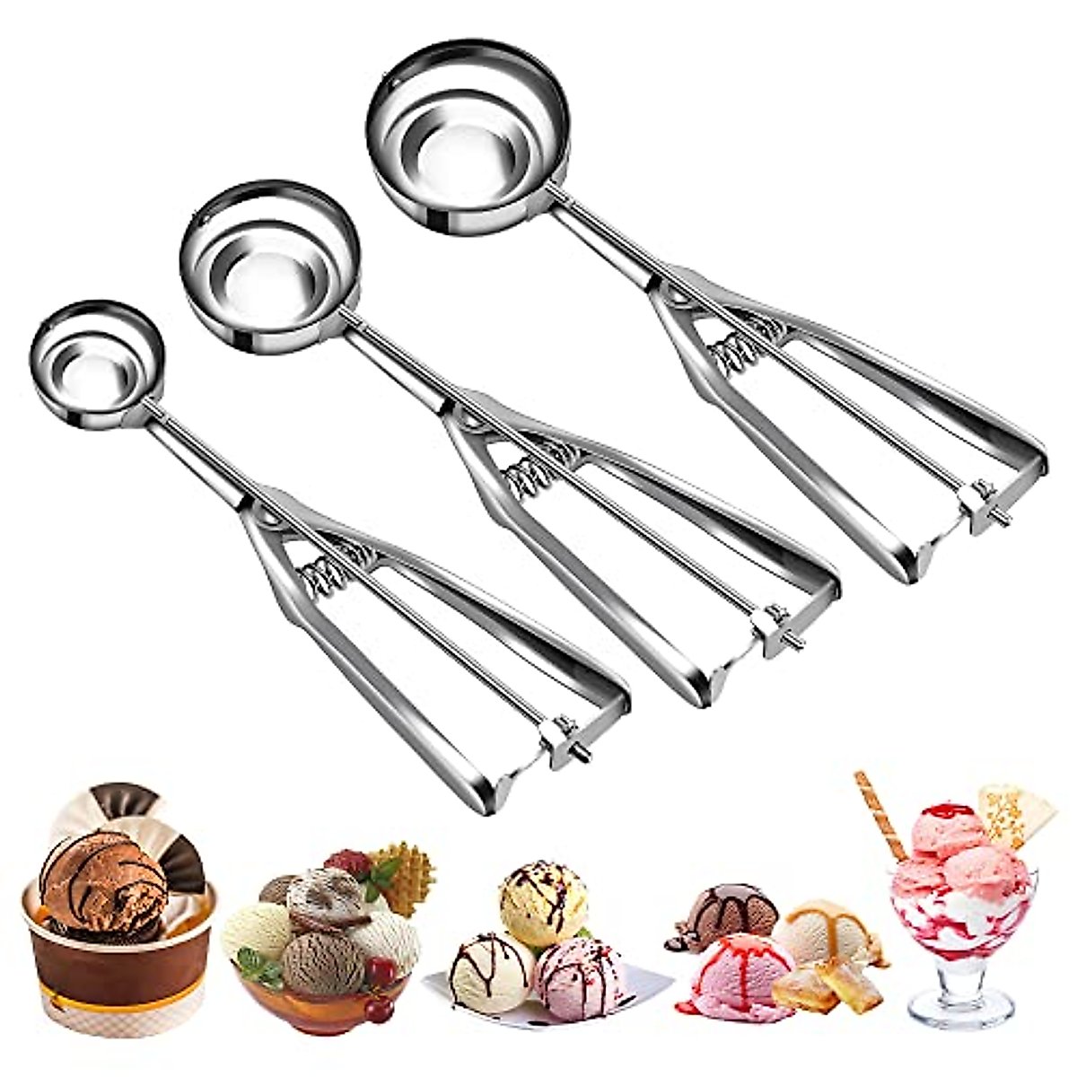 Cookie Scoop Set, Ice Cream Scoop Set with Multiple Size Trigger Small, Medium and Large Stainless Steel Cookie Scoops Set of 3 for Baking, Stainless Steel Cupcake Scoop, Ice Cream Scooper (3Pcak)