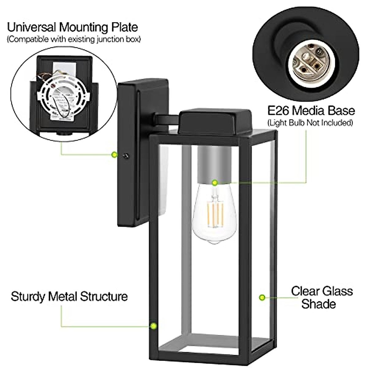 Large Size Outdoor Wall Lantern 16 Inch, Waterproof Exterior Wall Sconce Light Fixture, Anti-Rust Wall Mount Light with Clear Glass Shade, Matte Black Wall Lamp with E26 Socket for Porch, Front Door
