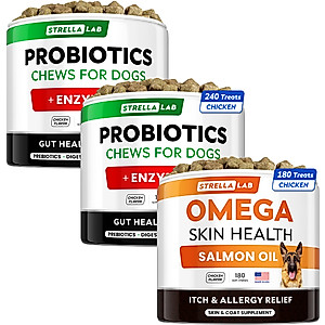 Omega 3 + Probiotics Dogs Bundle - Allergy & Itch + Improve Digestion & Immunity - Omega 3 & Pumpkin + Digestive Enzymes - Prebiotics - Itchy Skin + Itching & Licking Treats - 420 Chews - Made in USA