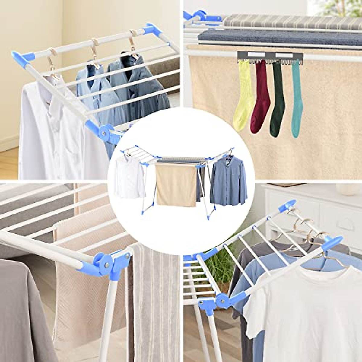 YUBELLES Clothes Drying Rack, Gullwing Laundry Rack, Collapsible, Space-Saving Laundry Rack, with Bonus Sock Clips, for Clothes, Towels, Linens, Indoor/Outdoor, Blue