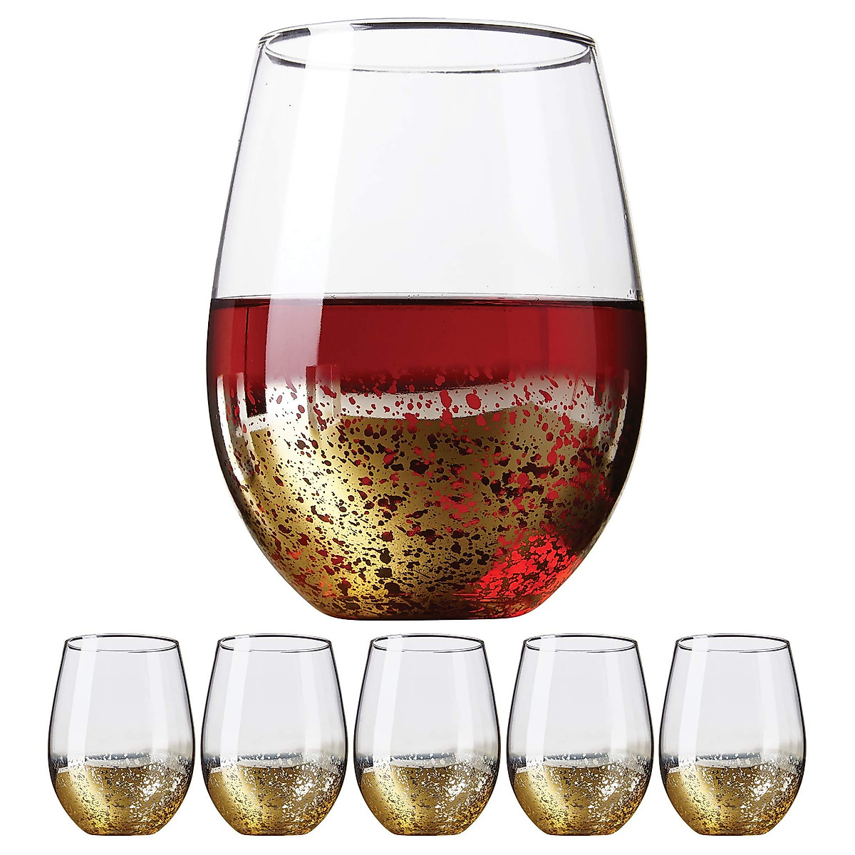 Kitchen Lux 18 oz Gold Rimmed Stemless Wine Glasses for Parties – Set of 6 Gold Wine Glass Cocktail Tumblers – Large Crystal Clear Wine Cups - Deluxe Glassware Gift for Christmas - Dishwasher Safe