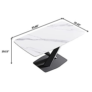 Modern Dining Table, White Sintered Stone Tabletop Dining Table with X-Shaped Solid Carbon Steel Base, 63" Rectangular Dining Table for 4-6