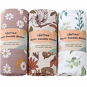 LifeTree Baby Swaddle Blankets, 3 Pack Muslin Swaddle Blankets Unisex Newborn Receiving Blanket for Boys & Girls, 70% Viscose from Bamboo & 30% Cotton, Soft, Breathable, Large 47 x 47 inches