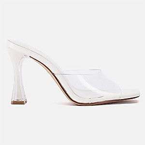 Junayuan Womens Clear Heels Sandals Square Open Toe Transparent Mules Sexy Stiletto Heel Slip on Backless Wedding Dress Shoes