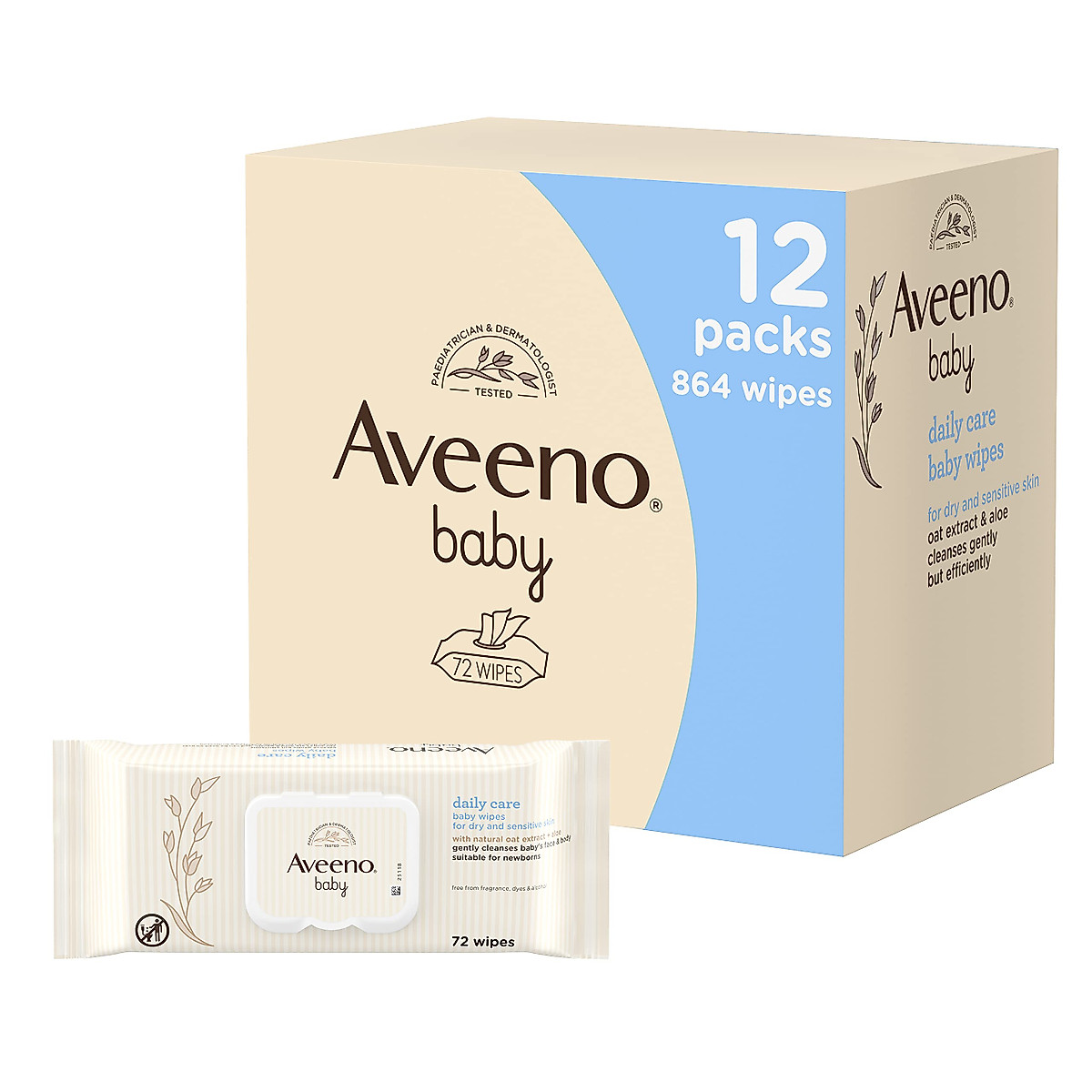 AVEENO Baby Daily Care Wipes - Cleanse Gently and Efficiently - Baby Wipes - Baby Essentials - 72 Wipes, Lid On Each Pack, Pack of 12 (864 Wipes in Total)