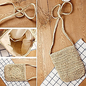 Qoyntuer Woven Straw Messenger Knitted Bag,straw Shoulder Bag Women's Handwoven Crossbody Handbag Cotton Crochet Shoulder Purse Handmade Flower Beach Storage Bag Summer Beach Shoulder Handbag (Beige)