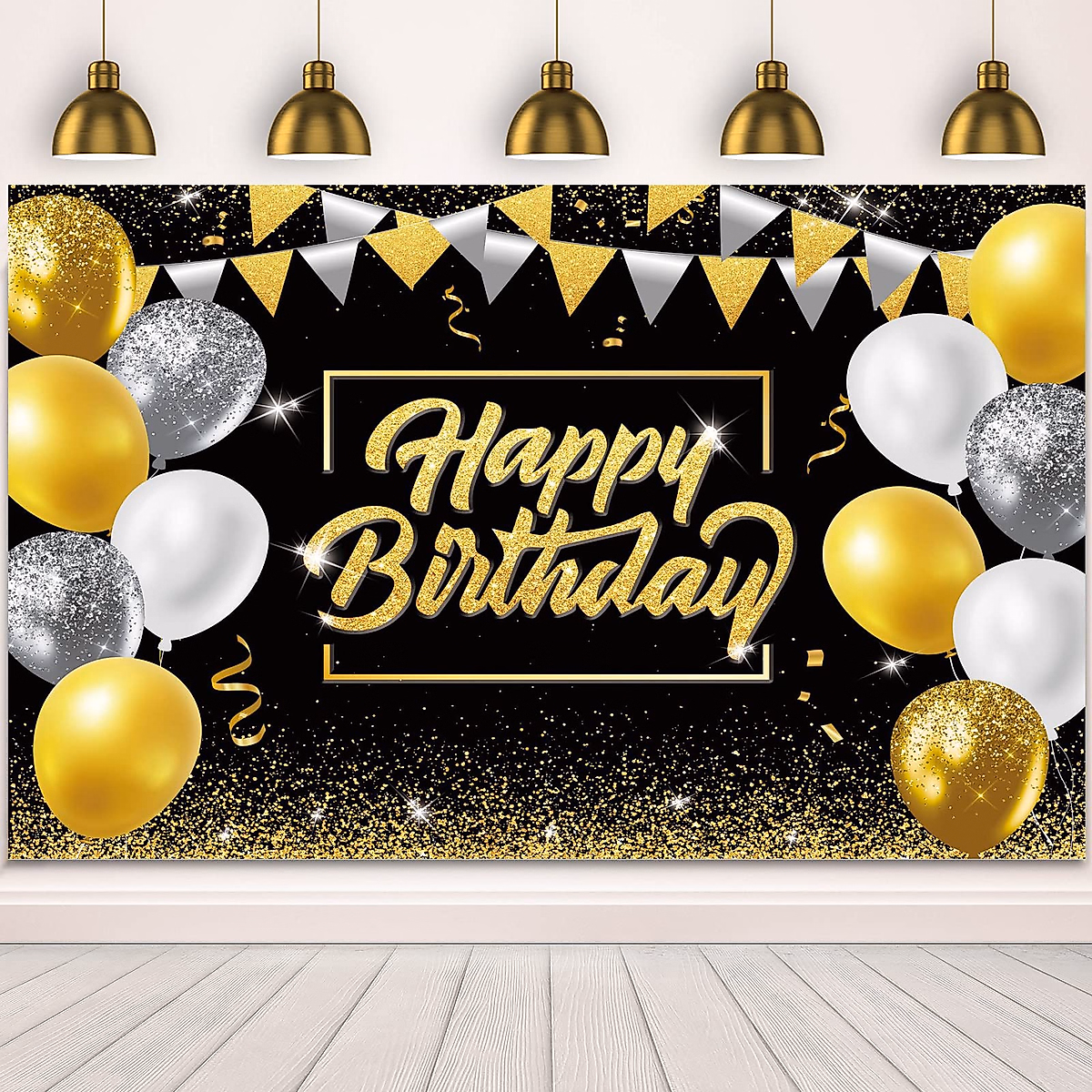 5x3ft Happy Birthday Backdrop Yellow Silver Balloon Banner Decorations for Large Family Gathering Yard Sign Backgroud for Men Women Boys Girls Party Indoor Outdoor Poster Decor Supplies