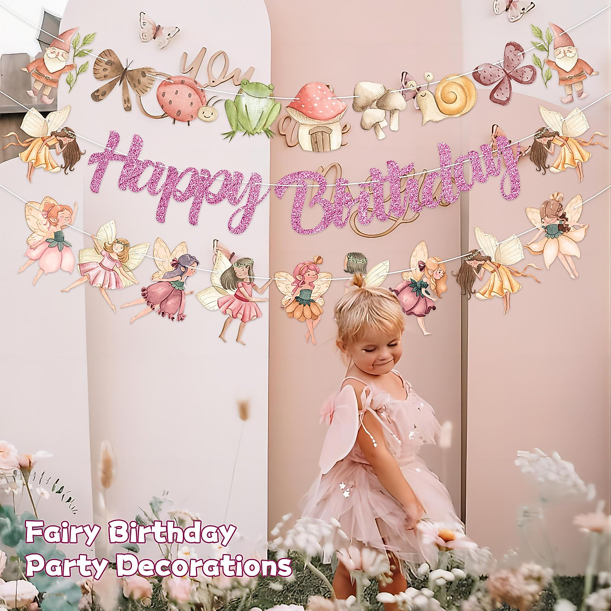 Fairy Happy Birthday Banner Pink - 3pcs Glitter Wonderland Garden Fairy Banner Garlands for Little Girl, NO DIY, Perfect for Whimsical Fairy Tale Themed Birthday Celebration Event Decorations