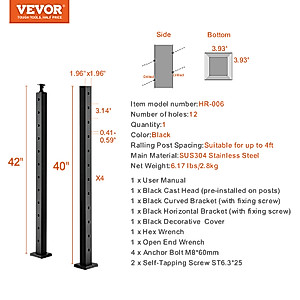 VEVOR Cable Support Post, 42" Height, 2" Width, Steel with 30° Angled Holes for Stairs, 12 Holes Pre-Drilled, Made of SUS304 Stainless Steel, Includes Horizontal/Curved Bracket, Single Unit, Black