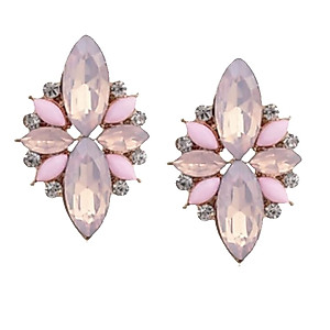 Gold Tone Antique Vintage Retro Deco Style Pink Opal Rhinestone Cluster Statement Earrings