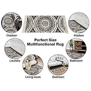 KIMODE Mandala Boho Runner Rug 2x5 Washable Cotton Hand Woven Bedroom Rug Runner Black Throw Rugs Tufting Bohemian Rug for Living Room/Laundry Room/Kitchen/Entryway
